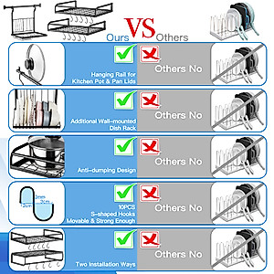 ETECHMART Hanging Pot Rack, 3 in 1 Wall Mounted Pan Holder with 10 Hooks, Heavy Duty Dish Rack Cookware Organizer, Kitchen Storage Shelf for Utensils, 2 Installation Way, Easy Assembly, Black