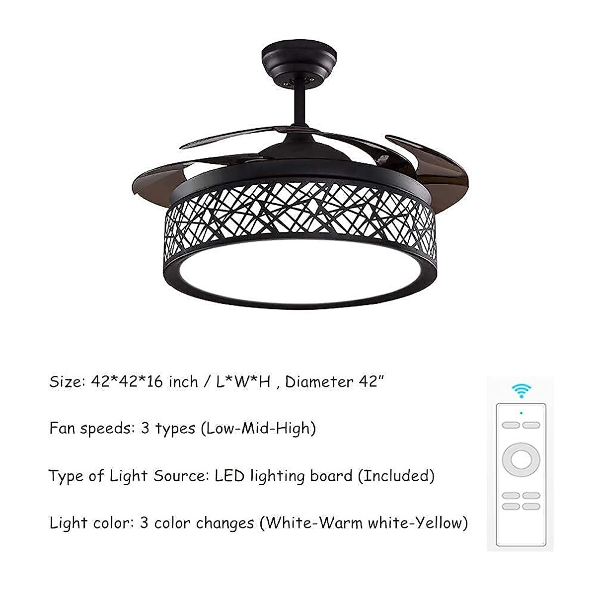 42 inch Black Cage Ceiling Fan with Lights, Ceiling Fan with Retractable Blades Three Color Change Chandelier with Remote Control, Dining Room/Living Room/Bedroom Lighting Decoration-36W