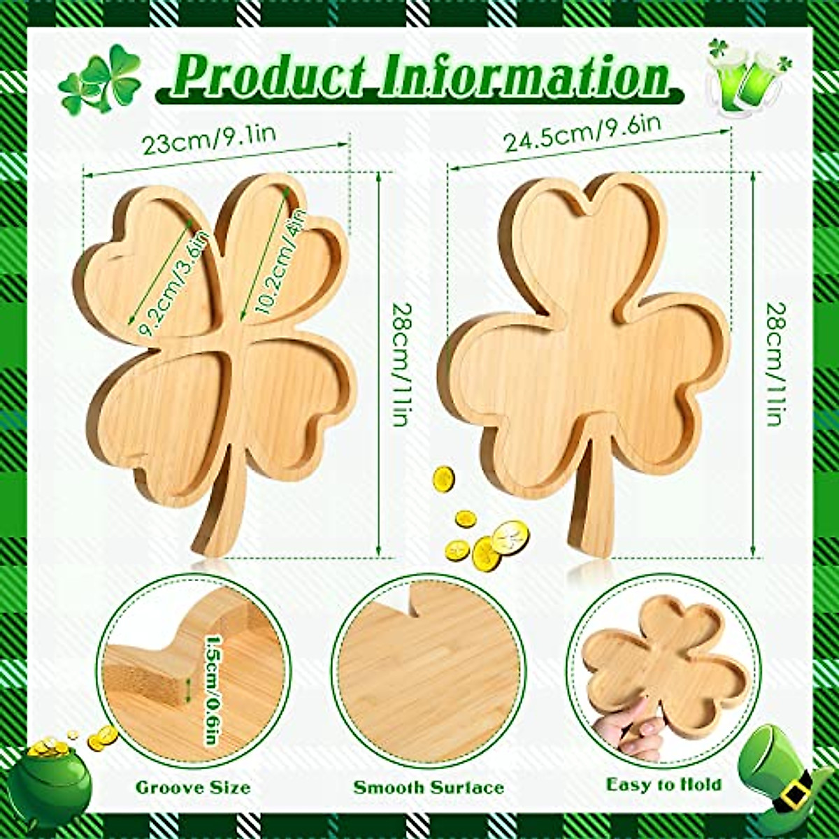 2 Pcs Large Clover Shaped Serving Plates Wooden Shamrock Sectional Serving Tray St Patrick's Day Four Leaves Shaped Platters Irish Serving Dishes Appetizer Section Platter for St Patrick's Supplies