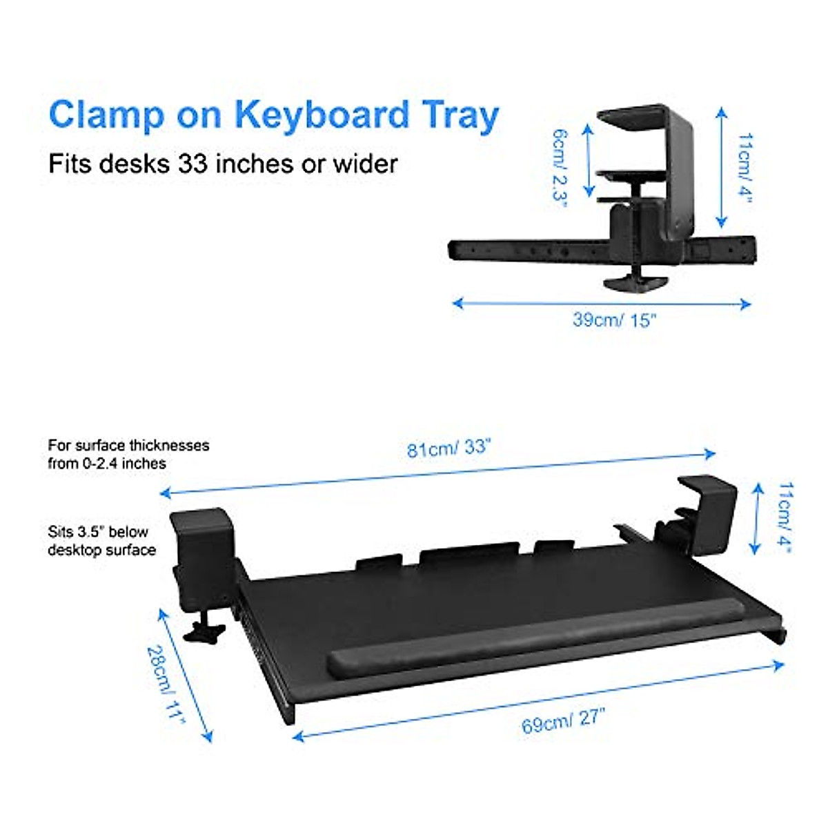 Laboratory 29 Preassembled Keyboard Tray – Adjustable Keyboard Tray Under Desk Slide Out – Easy Clamp-On Installation for Desks 33” or Wider – Wrist Rest Included (Black)