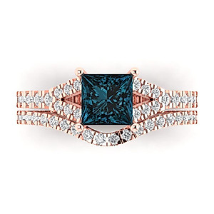 Clara Pucci 2.01ct Princess Cut Solitaire Natural London Blue Topaz Engagement Promise Anniversary Bridal Ring Band set 14k Rose Gold 3.5