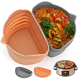 OFUN Slow Cooker Divider Liner fit 6-8 QT, Silicone Crock Pot Liners Reusable Pot Divider Insert Cooking Accessories - Dishwasher Safe, Leakproof, BPA Free (Grey+Beige)