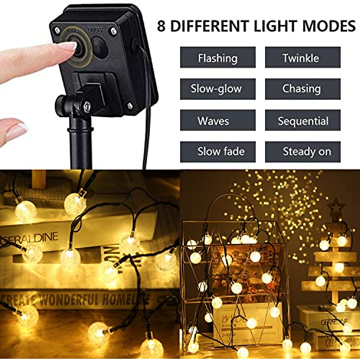 Ligarko Solar String Lights Outdoor 50LED 7M/23Ft Crystal Globe Lights 8 Modes Lighting Solar, Waterproof Patio Lights for Garden Courtyards Party Wedding (Warm White)