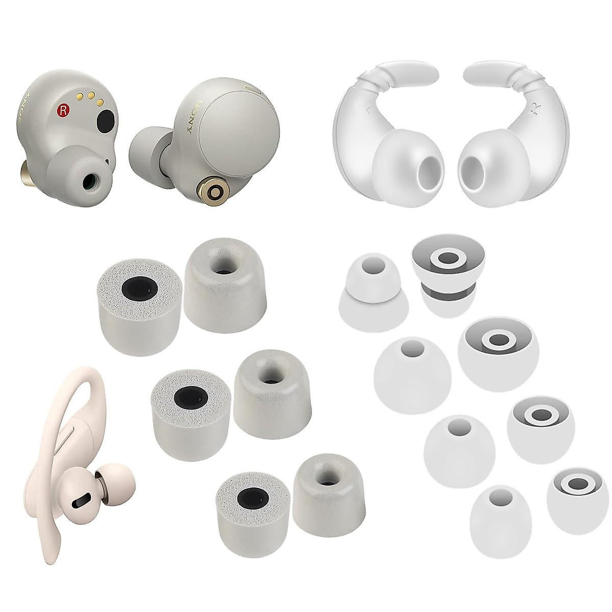 A-Focus [8 Pairs] WF-1000XM4 Ear Hooks Tips 【 Memory Foam & Silicone 】 Soft Replacement Comfortable Earbud Tips Wingtip Compatible with Sony WF-1000XM4 WF-1000XM3 WF-C500, 23515H Silver