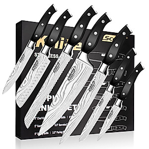 SCOLE® Chef Knife Bundle - Razor Sharp Chefs Knife 8 Inch VG-10 Super Damascus Steel (Natural Pakka Wood Handle) + Ultra Sharp Kitchen Knife Set 7-Piece (Triple Rivet Handle) (2 Items Bundle)