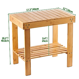 VaeFae Bamboo Spa Bench Wood Seat Stool Foot Rest Shaving Stool with Non-Slip Feets Storage Shelf for Shampoo Towel,Works in Bathroom/ Living Room/ Bedroom/Garden Leisure