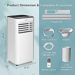 COSTWAY 8000 BTU Portable Air Conditioner, with Fan & Dehumidifier Mode, Quiet AC Unit with Sleep Mode, 2 Speeds, 24H Timer, LED Display, Remote Control, Cool Rooms up to 250 Sq.Ft (White-8000BTU)