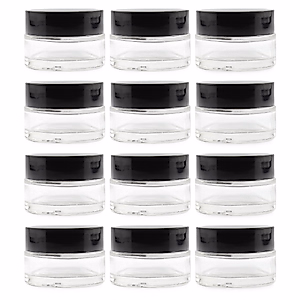 Cornucopia 15-Milliliter Clear Glass Balm Jars (12-Pack); 1/2 oz Cosmetic Jars with Lined Black Plastic Lids