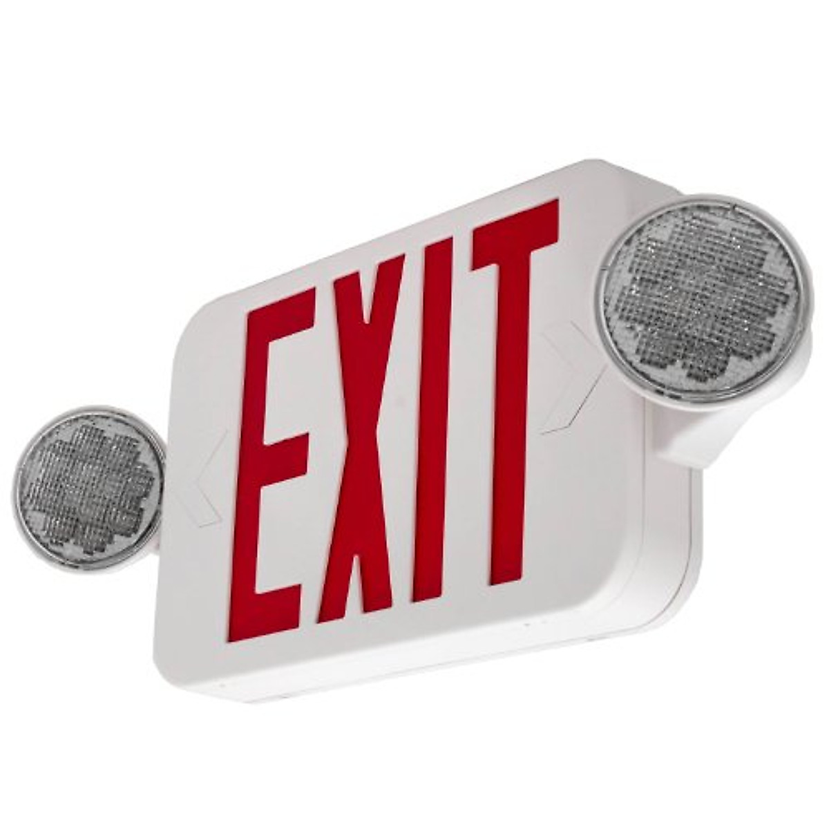 LFI Lights | Combo Red Exit Sign with Emergency Lights | White Housing | All LED | Two Adjustable Round Heads | Hardwired with Battery Backup | UL Listed | (2 Pack) | COMBOJR2-R