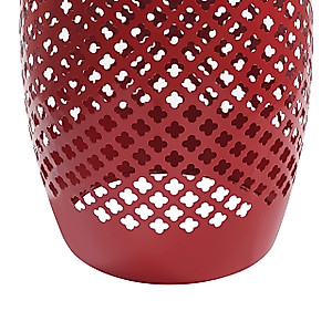 AC Pacific Outdoor Indoor Lace Cut Side Table, Powder-Coated Iron Pedestal Stand, Drum Shaped Accent Furniture for Patio, Living Room or Bedroom, Red