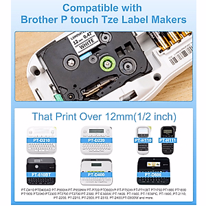 MarkDomain 12-Pack Label Maker Refills Replacement for Brother P Touch TZe TZ 12mm 0.47 Laminated TZe231 Black on White Label Tape, Work with Brother PT-D220 PT-D210 PT-H110 PT-D410, 12mm x 8m