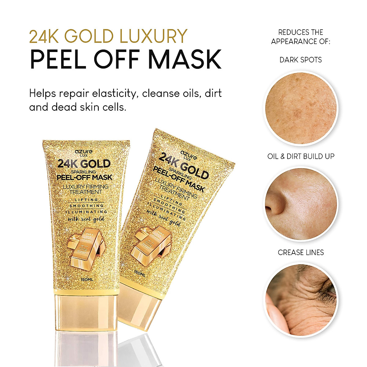 AZURE 24K Gold Firming Peel Off Face Mask- Anti Aging, Lifting, Illuminating & Revitalizing - Removes Blackheads, Dirt & Oils - With Hyaluronic Acid and Collagen - Skin Care - 150mL