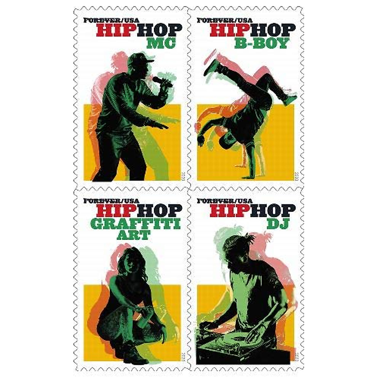 Hip Hop (MC with Microphone Rapping, B-Boy Dancing, Graffiti Art, DJ with Turntable) (Sheet of 20) Forever Postage Stamps Celebrating Electrifying Music Dance Art Movement 2020 Scott #5480-5484