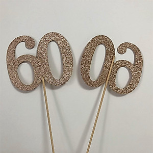 10-Pack Double Sided Glitter 60th Birthday Centerpiece Anniversary Centerpiece Sticks, Number 60 Table Topper Cake Topper for 60th Birthday Anniversary Table Party Decorations (Double Sided rose gold)