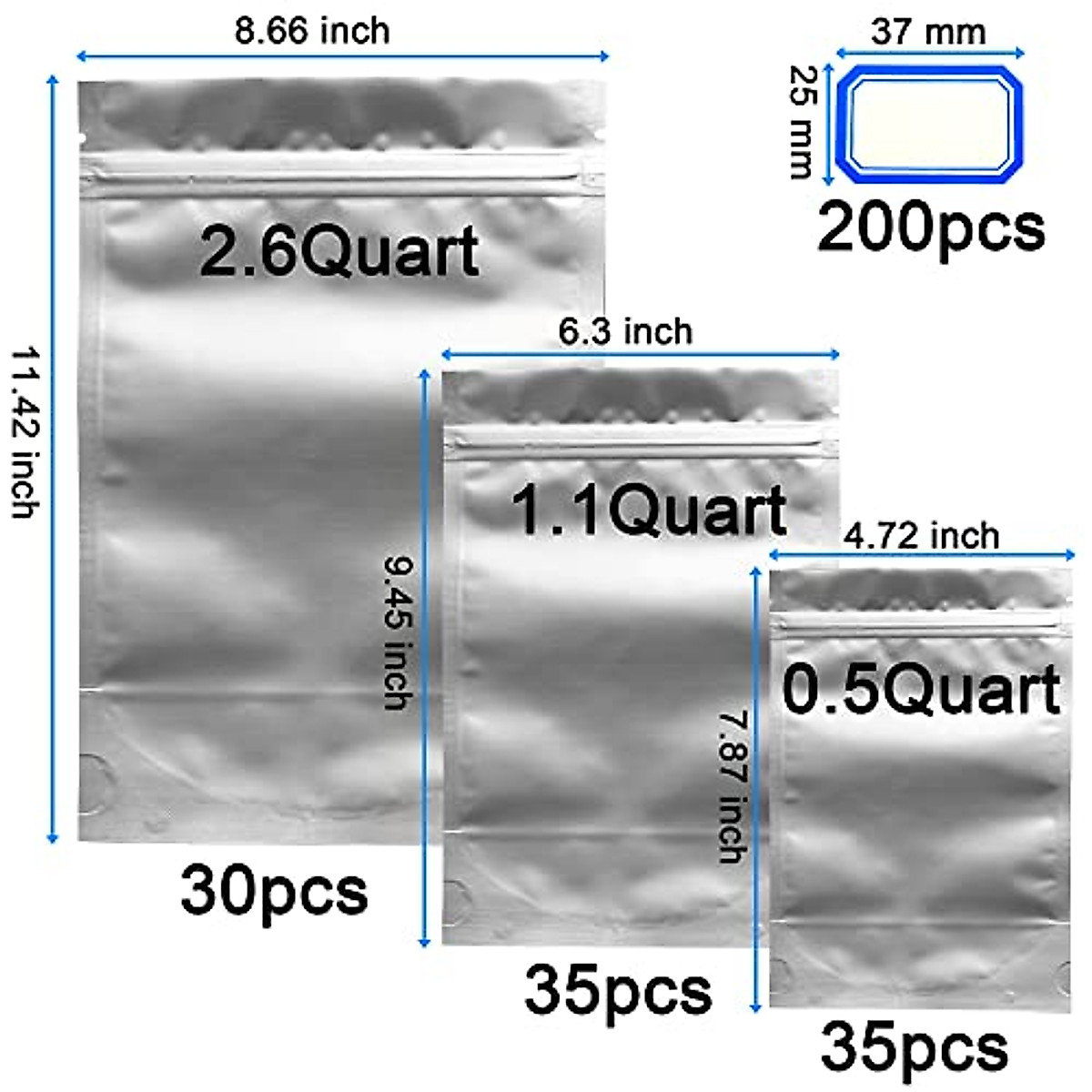 100pcs Mylar Resealable Bags for Food Storage with Stickers, Sealable Smell Proof Zip Pouch Bag, Edible Packaging with Double Side Aluminum Foil, 2.6quarts, 1.1quarts, 0.5quarts