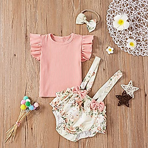 koramesis Baby Girl Outfits Set Toddler Ruffle Sleeve Lace Floral Romper with Denim Flared Jeans Outfits 3Pcs Clothes Set (Pink, 6-12 Months)
