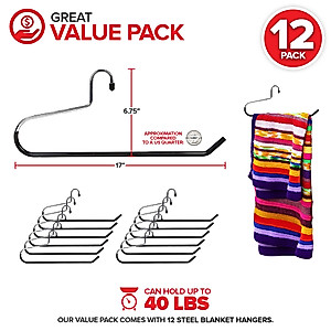 Blanket Hangers (12 Pack) - Stainless Steel Quilt Hangers with Vinyl Non-Slip Coating - Holds Up to 40 Lbs - Heavy Duty Hangers for Closet Storage, Comforters, Bedding, Towels, Rugs - Stock Your Home