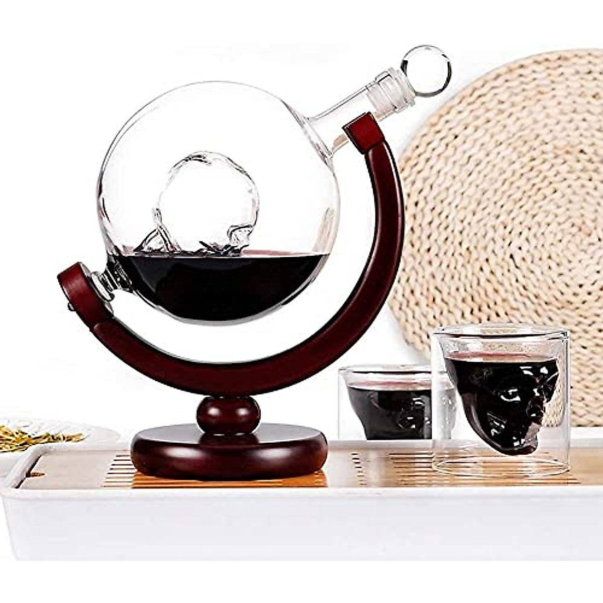 Whiskey Decanter Set whiskey gifts for men Skull Decanter, Rotating Clear Glass Globe Includes 2 Skull Shot Cups, Liquor Dispenser with Wooden Stand, Whiskey Decanter with Antique Ship