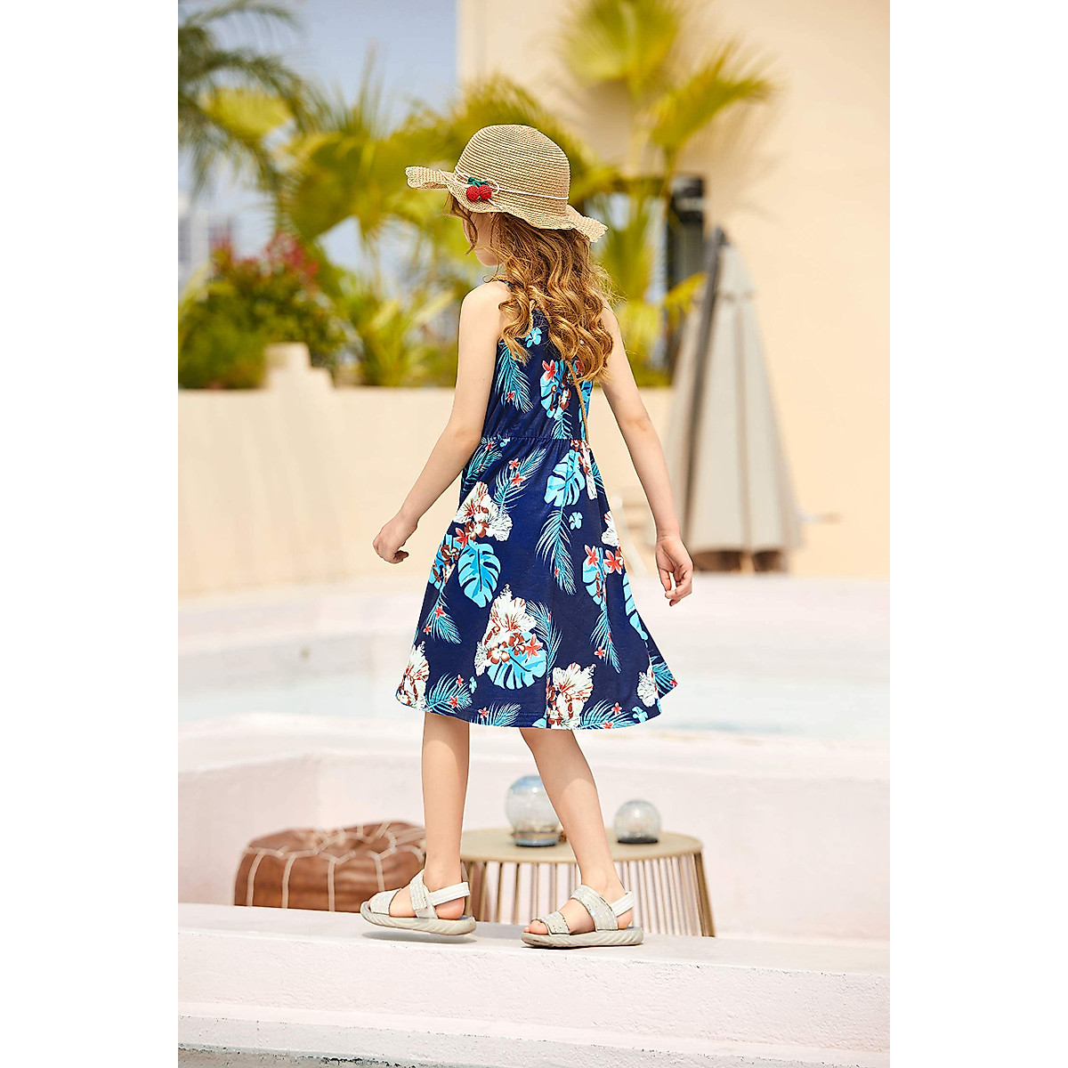 Arhiner Little Girls Casual Dress Spaghetti Strap Tropical Print Cami Dresses Flower 6-7Y