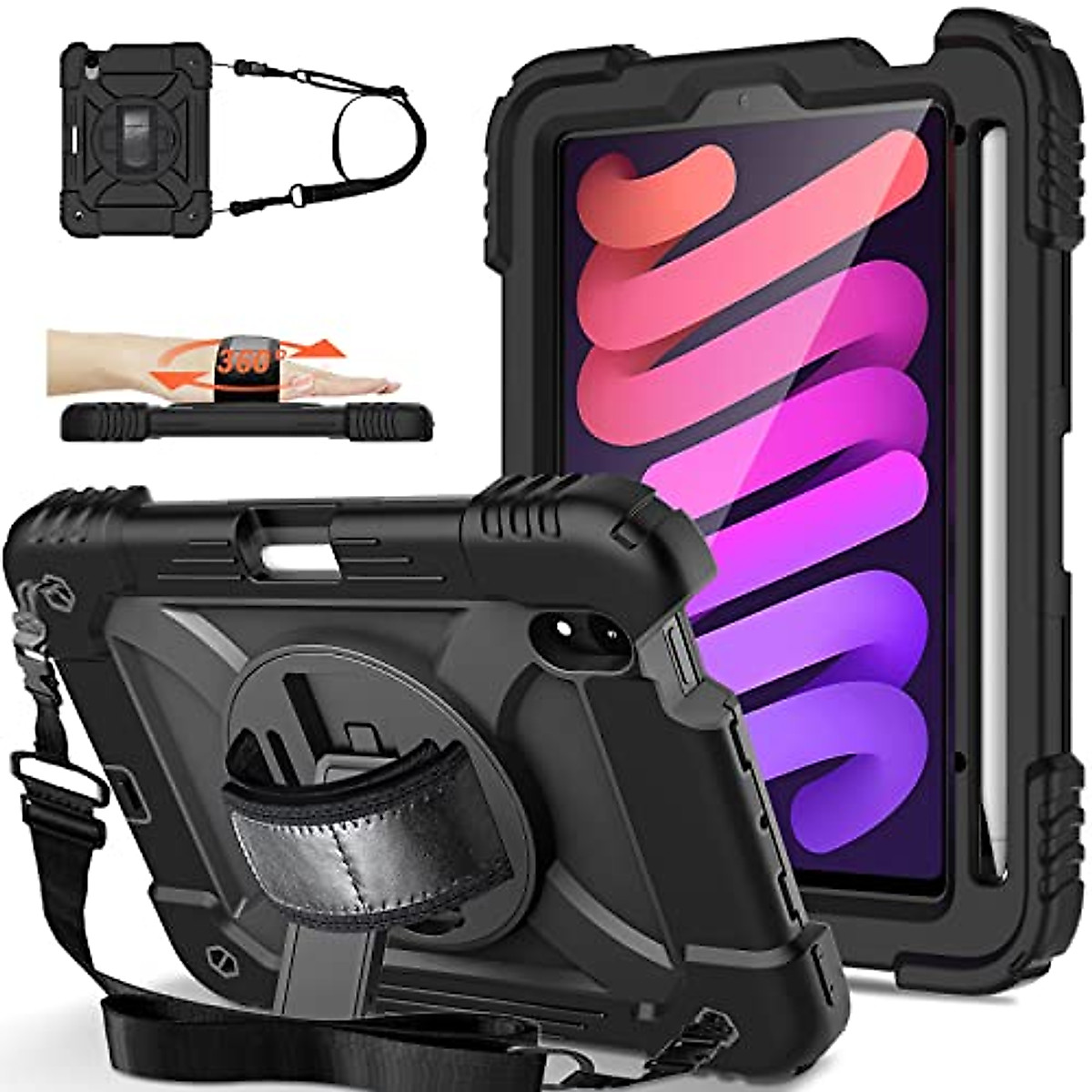 SUPNICE iPad Mini 6 Case (8.3 inch 2021 Release), iPad Mini 6th Generation Case, Shockproof Rugged Kids Case with [360 Rotating Stand] [2nd Pencil Holder] [Hand Strap] for iPad Mini 6th Gen 8.3-Black