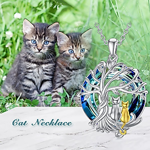 TOUPOP Two Cats Necklace 925 Sterling Silver Tree of Life Necklace with Blue Circle Crystal Cat Lovers Jewelry Gifts for Women Mom Daughter Birthday Christmas