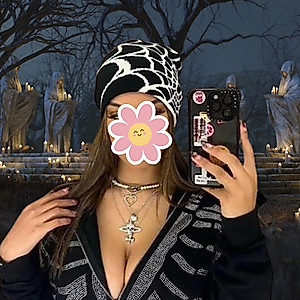 CORIRESHA Women Men y2k Beanie Spider Web Knit Hats Warm Soft Goth Winter Caps White Blue