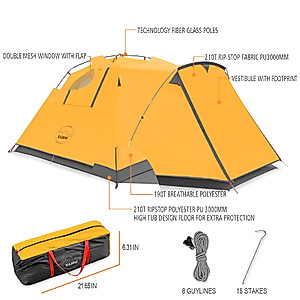 KAZOO 4 Person Camping Tent Outdoor Waterproof Family Large Tents 4 People Easy Setup Tent with Porch Double Layer
