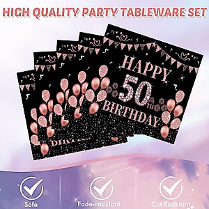 Black Rose Gold Birthday Party Supplies,Disposable Party Tableware Sets - 50 Years Paper Plates,Napkins,Plastic Forks Knives,Tablecloths,50th Birthday Decorations for Men,24 Guests