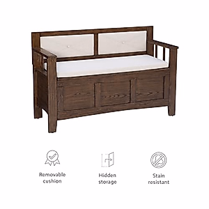 Linon Umber Brown Carlton Rustic Storage Bench with Beige Upholstered Back and Cushioned Seat