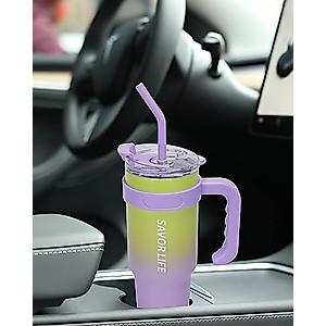 GiNT 40 oz Tumbler with Handle, Stainless Steel Insulated Tumbler with Lid and Straw, Double Vacuum Leak Proof Travel Coffee Mug - Green Purple