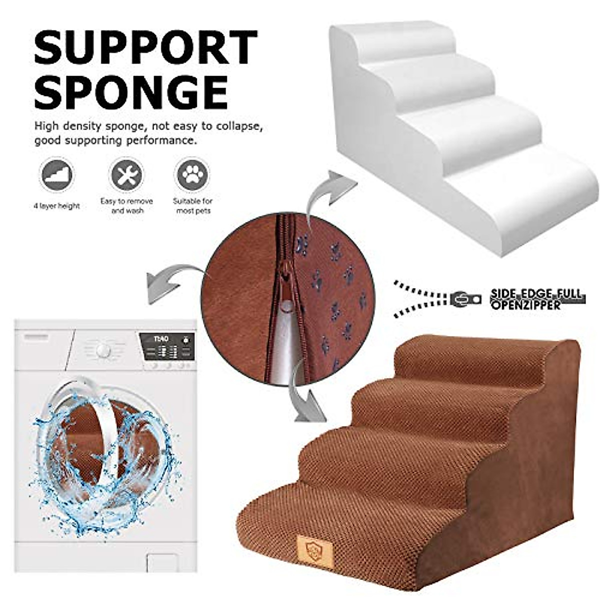 Topmart High Density Foam Dog Steps 4 Tiers,Extra Wide Deep Pet Steps,Non-Slip Pet Stairs,Dog Ramp for Bed,Soft Foam Dog Ladder,Best for Older Dogs Injured,Older Pets,Cats with Joint Pain,Color Brown