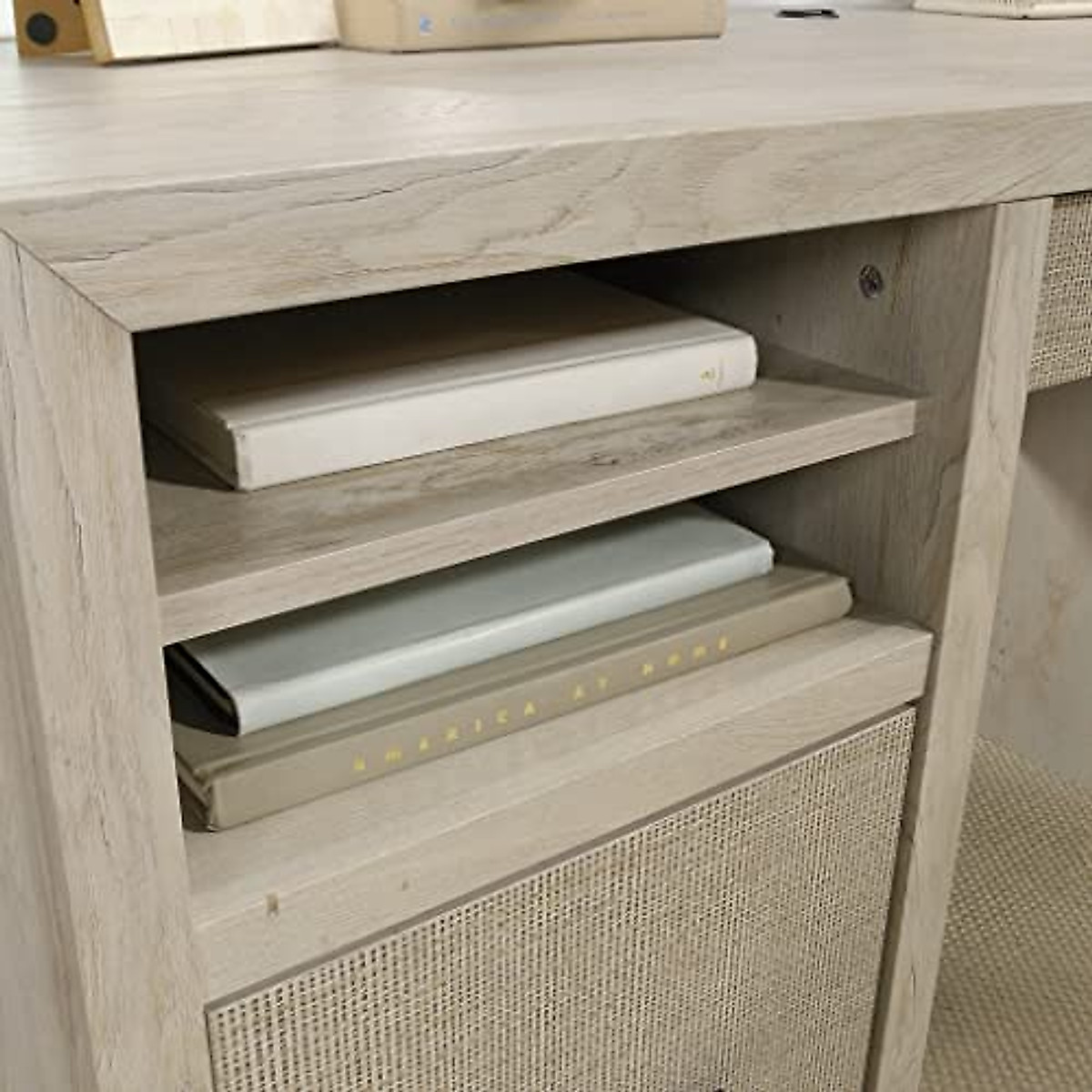 Sauder Pacific View L-Desk, L: 58.47" x W: 58.43" x H: 29.92", Chalked Chestnut Finish