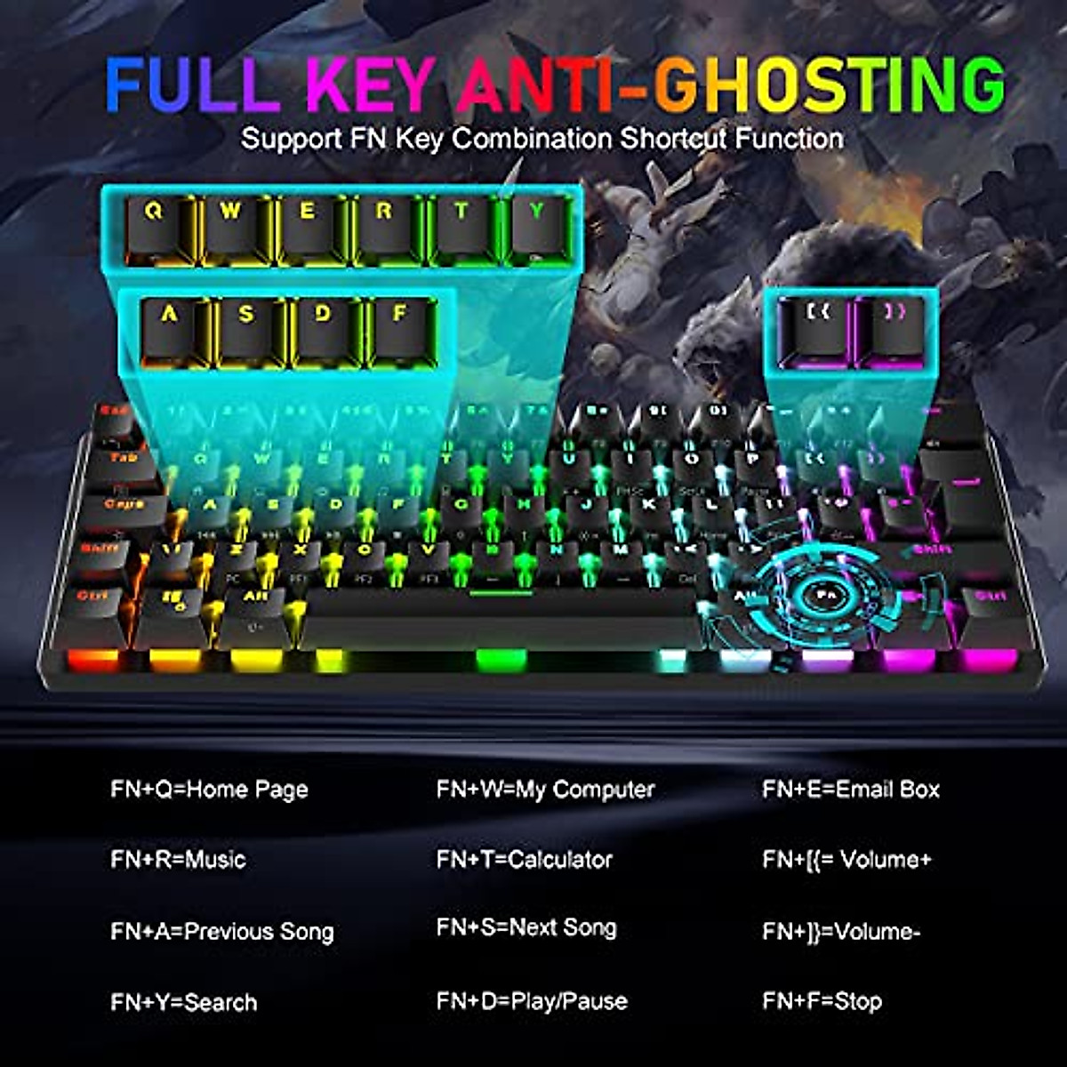Compact 60% Mechanical Gaming Keyboard with Ergonomic Anti-ghosting Mini 61 Key Layout Rainbow RGB Backlight Waterproof Metal Plate Type-C USB Wired for PC Mac Gamer Office Typist (Black/Blue Switch)