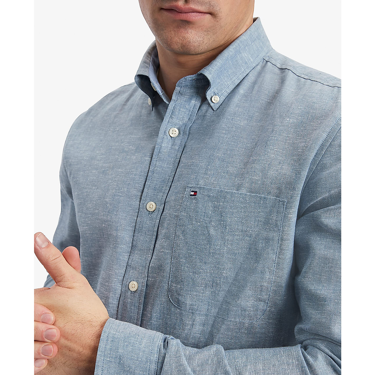 Tommy Hilfiger Men's Long Sleeve Linen Blend Shirt, Regular Fit, North Sky Blue, XX-Large