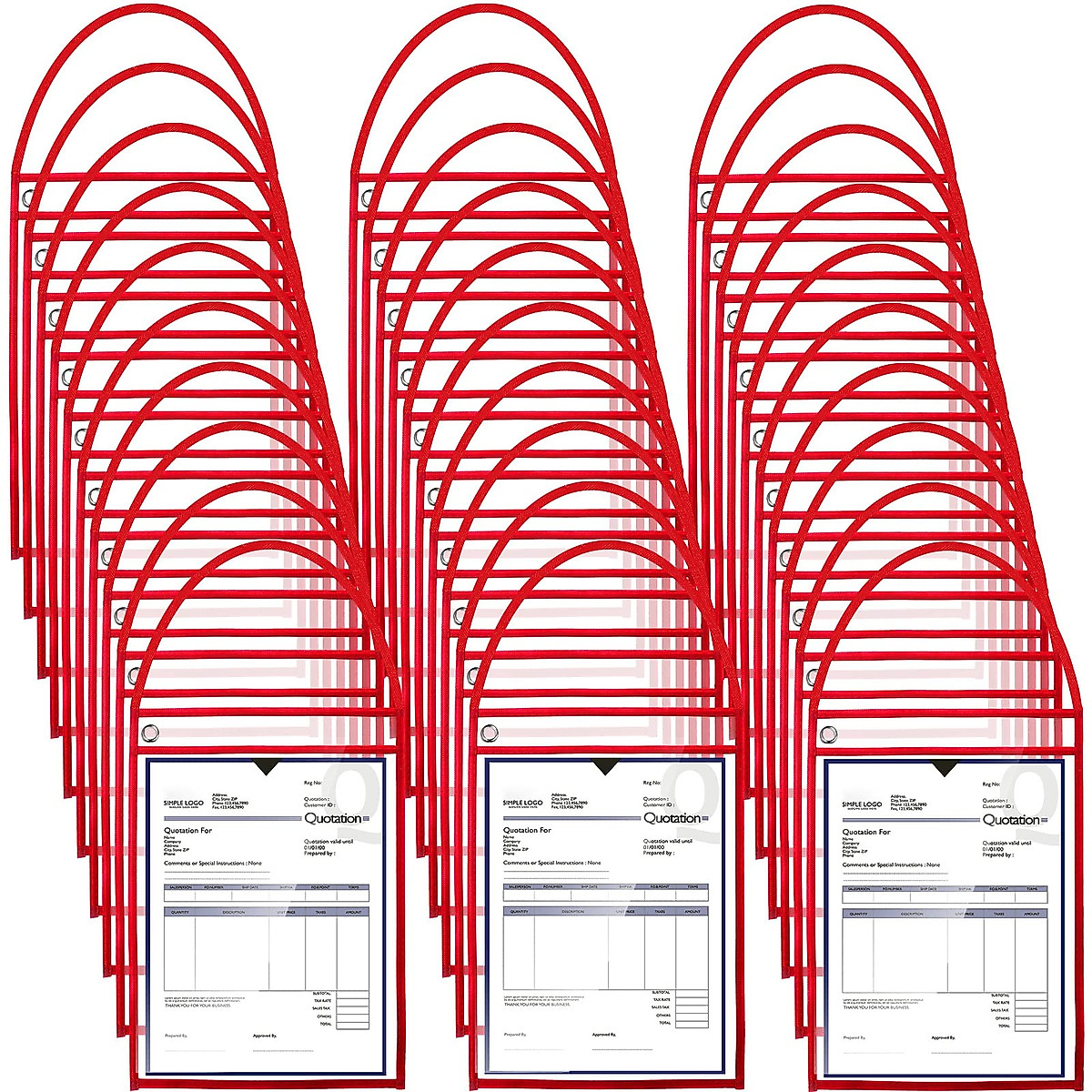 50 Pack Job Ticket Holders Work Order Holder Pockets for 9 x 12 Inch Hanging Sleeve Plastic Shop Ticket Holders with Strap, Both Sides Clear(Red)