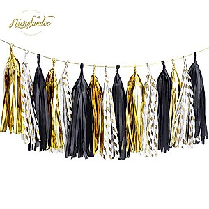 NICROLANDEE Black and Gold Party Decorations - 28Pcs Black Gold Tissue Paper Pom Poms Flowers Hanging Paper Lanterns Star Garland Tassel for Wedding, Birthday, Prom Night, New Years Decorations