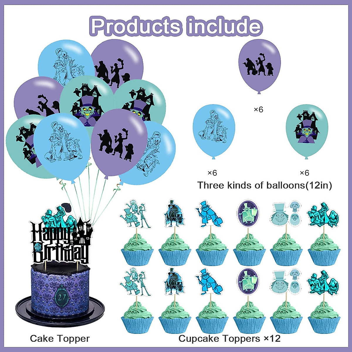 Haunted of Mansion Birthday Party Decorations, Halloween Horror Theme Party Supplies with Happy Birthday Banner, Cake Toppers, Balloons for Kids Adults Party Favors