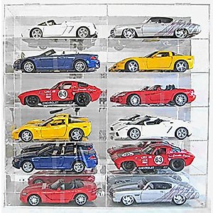 DisplayGifts 1/18 Scale Hot Diecast Toy Cars Wheels Clear Acrylic Display Case Wall Mountable Cabinet Hot 12 Cars Holder w/ Mirrored Background