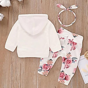 CETEPY Baby Girl Clothes Outfits Newborn Infant Long Sleeve Hoodie + Pants + Headbands White Flower 6-12 Months/80cm
