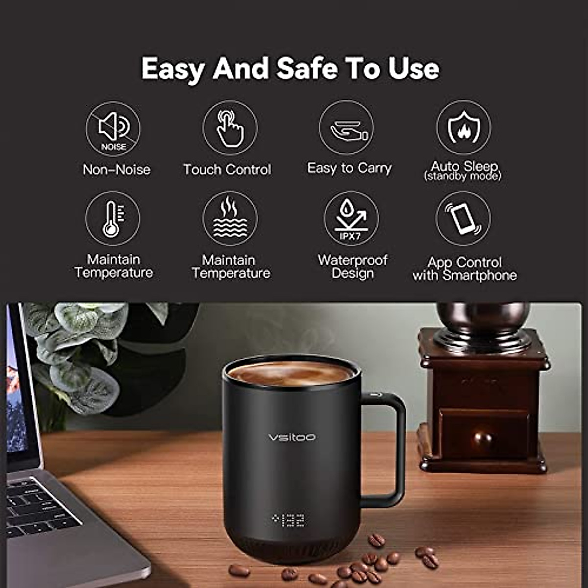 VSITOO S3 Temperature Control Smart Mug with Lid, Coffee Mug Warmer with Mug for Desk Home Office, App Controlled Heated Coffee Cup, Self Heating Coffee Mug 11 oz, Electric Mug-Black Inner Wall