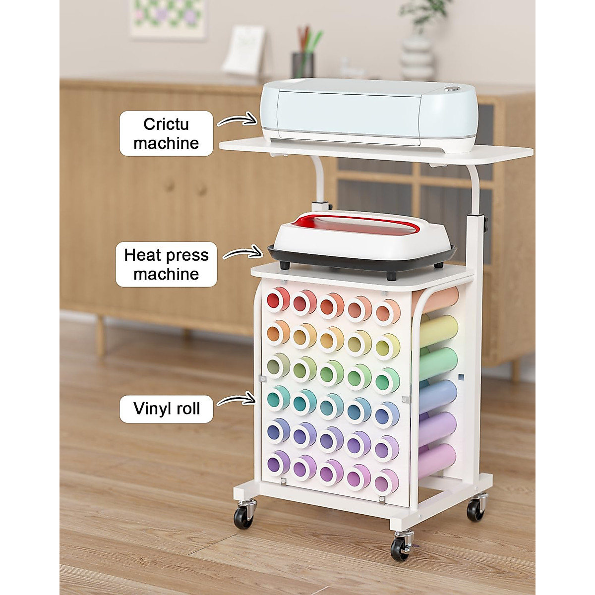 Zefinot Rolling Craft Cart with Vinyl Roll Holder and Adjustable Table Height, Craft Organizers and Storage Table Compatible with Cricut Machine for Craft Room