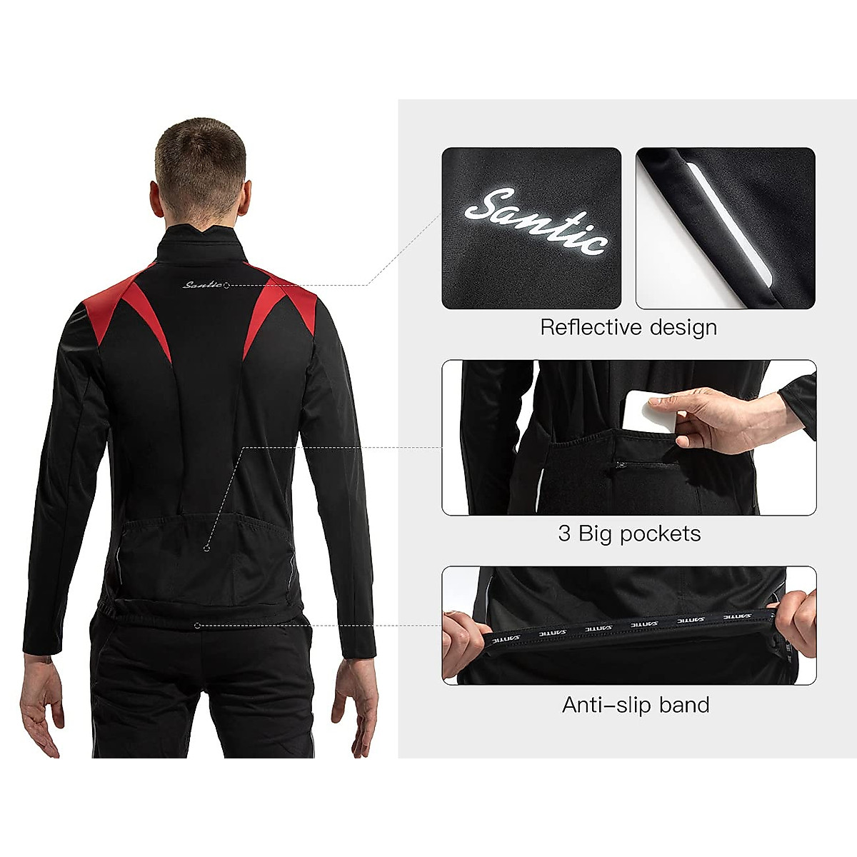 Santic Men's Cycling Bike Winter Jackets Windproof Fleece Thermal Warm UP Running Bike Bicycle Jacket Breathable Reflective Softshell Windbreaker