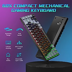 Taiahiro 60% Mechanical Gaming Keyboard, RGB Backlit 68 Keys Ultra-Compact Wired Keyboard with Blue Switch, Full Anti-Ghost, Type-C, Portable Mini Office Keyboard for PC Laptop Win/Mac, Black&Gray