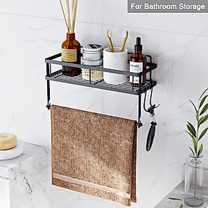 ESOW Paper Towel Holder with Shelf Storage, Adhesive Wall Mount 2-in-1 Basket Organizer for Kitchen & Bathroom, Durable Metal Wire Design, Stainless Steel 304 Matte Black Finish