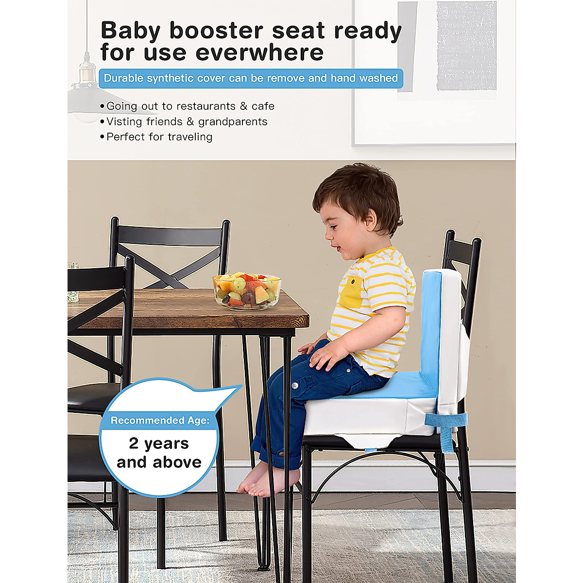 OTTOLIVES Toddler Booster Seat for Dining Table Thick Increasing Waterproof PU Washable Cushion with 2 Adjustable Straps Safety Buckle (Blue)