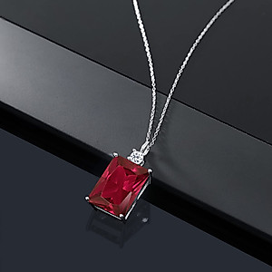 Gem Stone King 925 Sterling Silver Red Created Ruby and White Topaz Pendant Necklace For Women (20.33 Cttw, Emerald Cut 18X13MM, With 18 Inch Silver Chain)