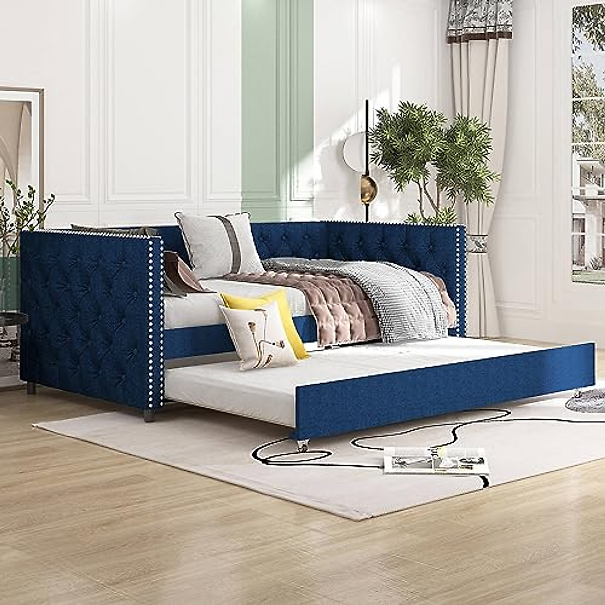 CECER Space Saving Pull Out Sleeper Sofa Bed, Button Tufted Couch Bed with Riveted Design, Daybed with Trundle, Daybed for Apartment Living Room Bedroom Office, Navy Blue