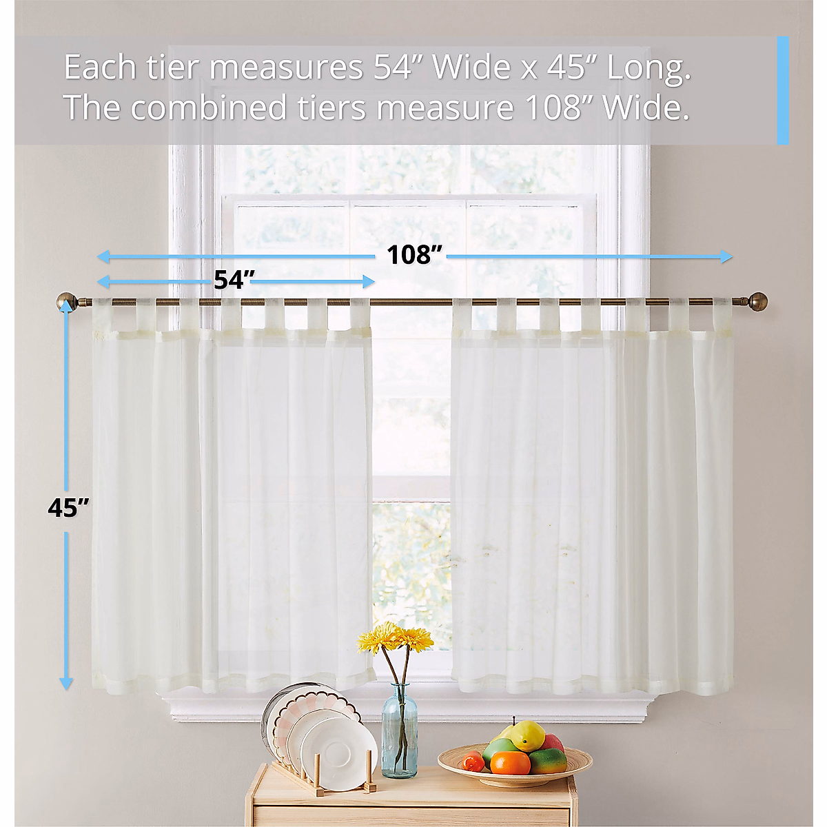 HLC.ME Ivory Sheer Voile Tab Top Window Treatment Cafe Tier Curtain Panels for Kitchen, Bedroom, Small Windows and Bathroom (54 x 45 inch Long, Set of 2)