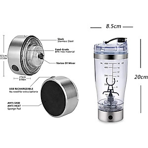 Electric Protein Shaker, Blender Bottle for gym or preworkout, Shaker Water Bottle with Action-Rod Wire Mixer, drink mixer, Shaker Bottles for Protein Mixes With Storage 16oz (black)