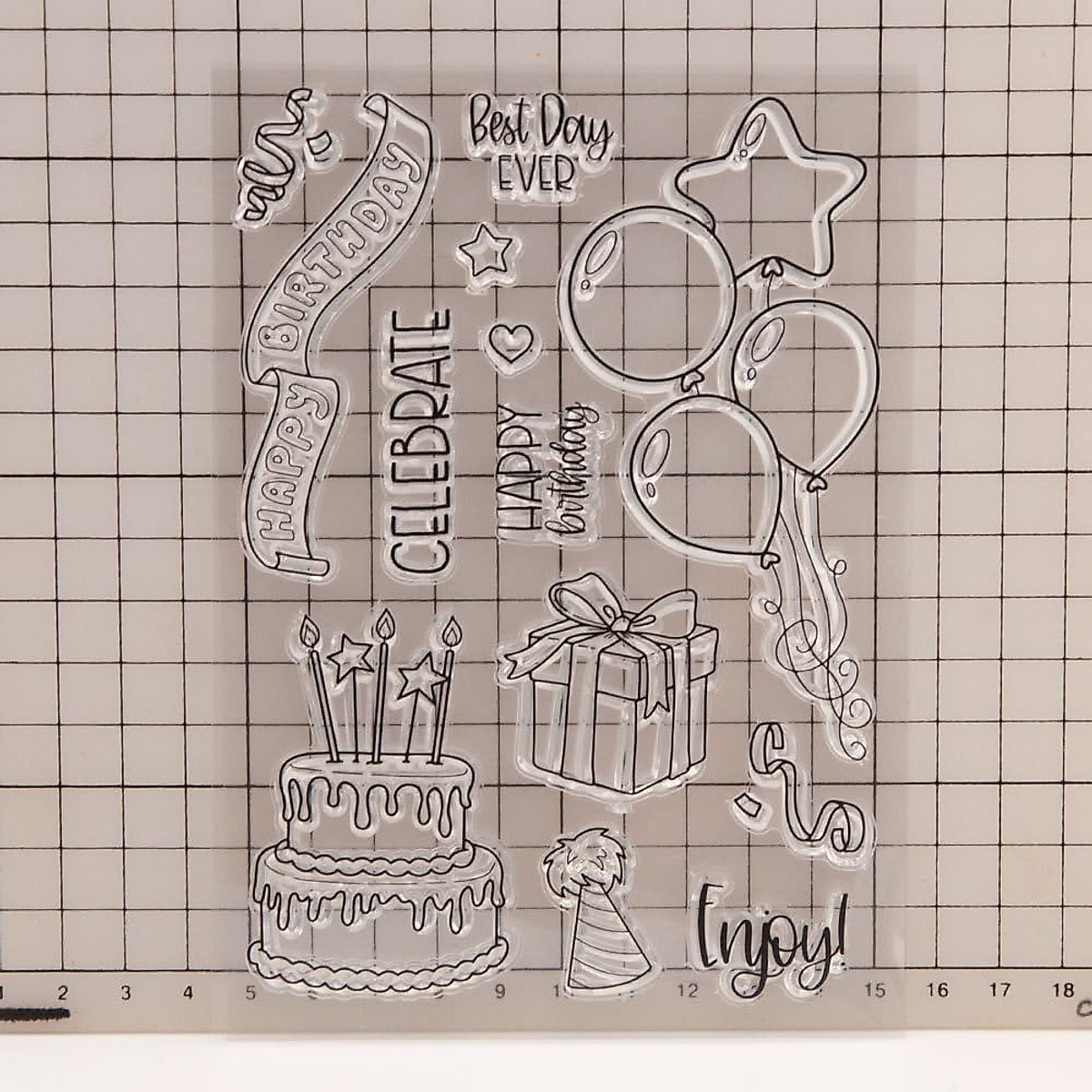 Arbuya Birthday Cake Clear Stamps for Birthday Card Making or Journaling Birthday Gift Box Balloon Banner Silicone Rubber Stamps for Scrapbooking Albums Journals Paper Crafts